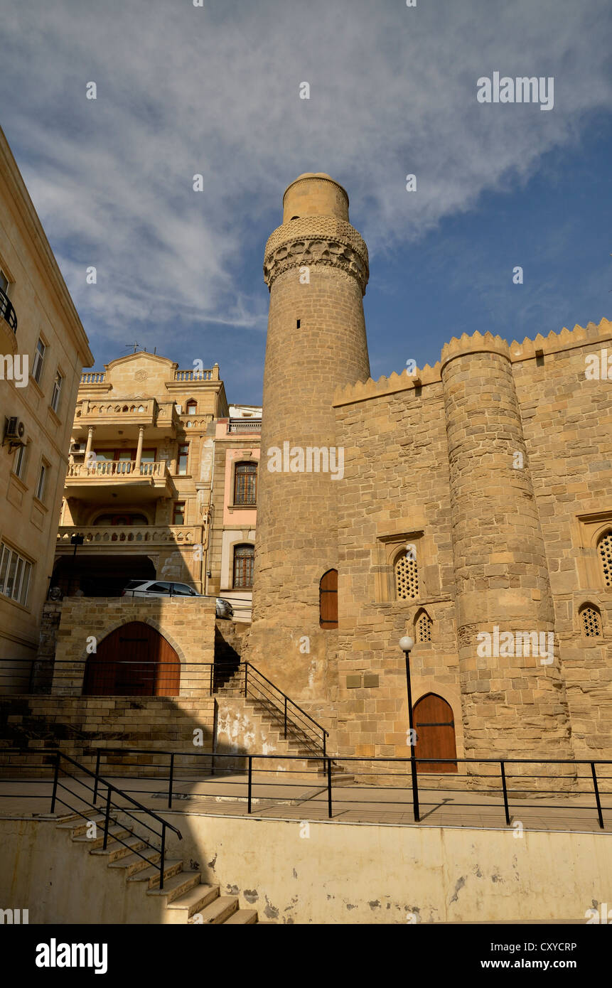 Minaret of the Mosque of Muhammad in the historic town centre of Baku ...