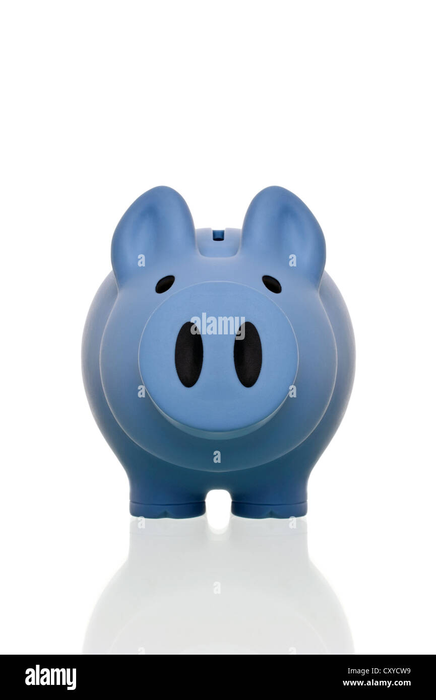 Blue piggy bank from the front Stock Photo - Alamy