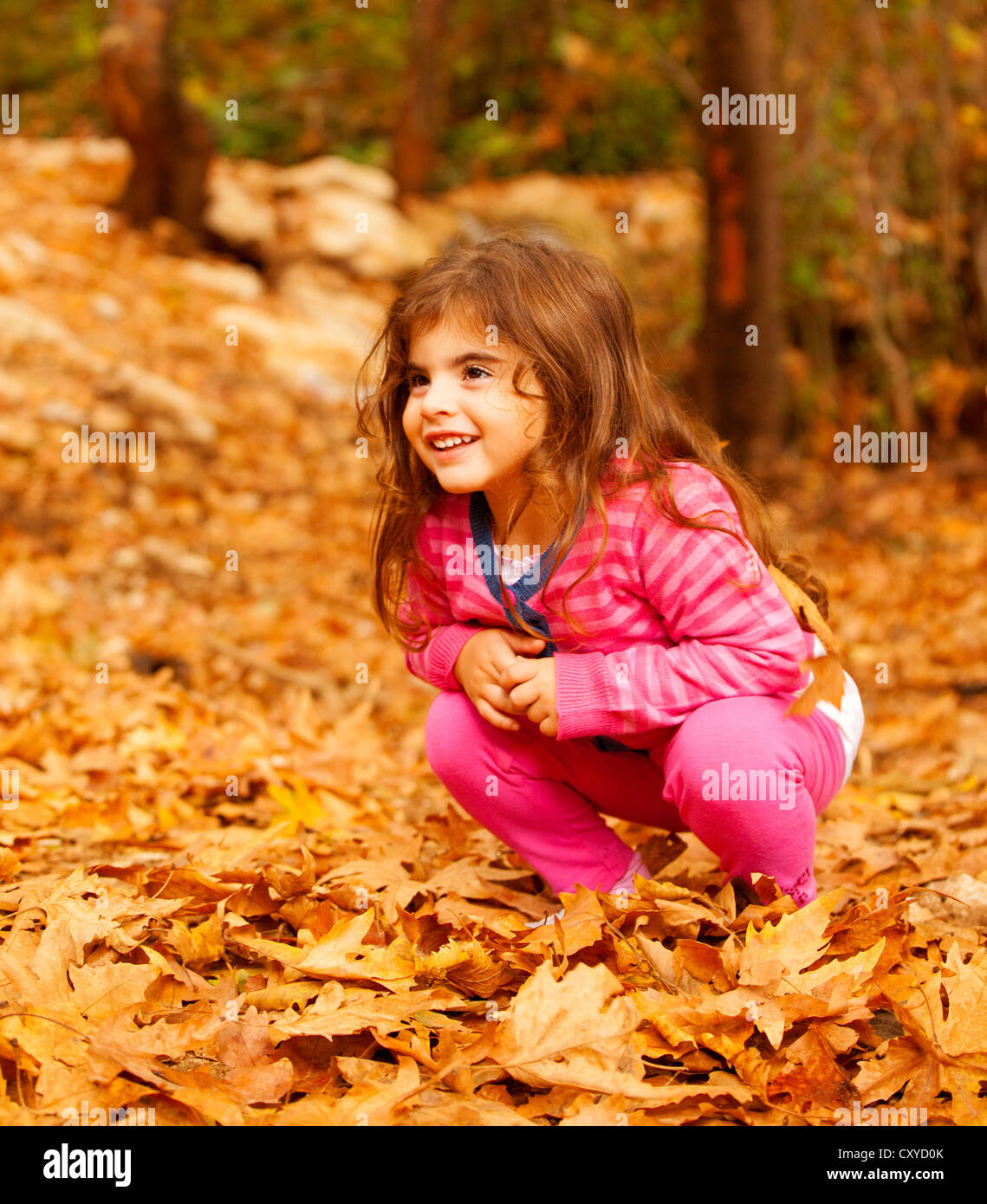 Photo of sweet little girl in autumn forest, adorable child playing ...