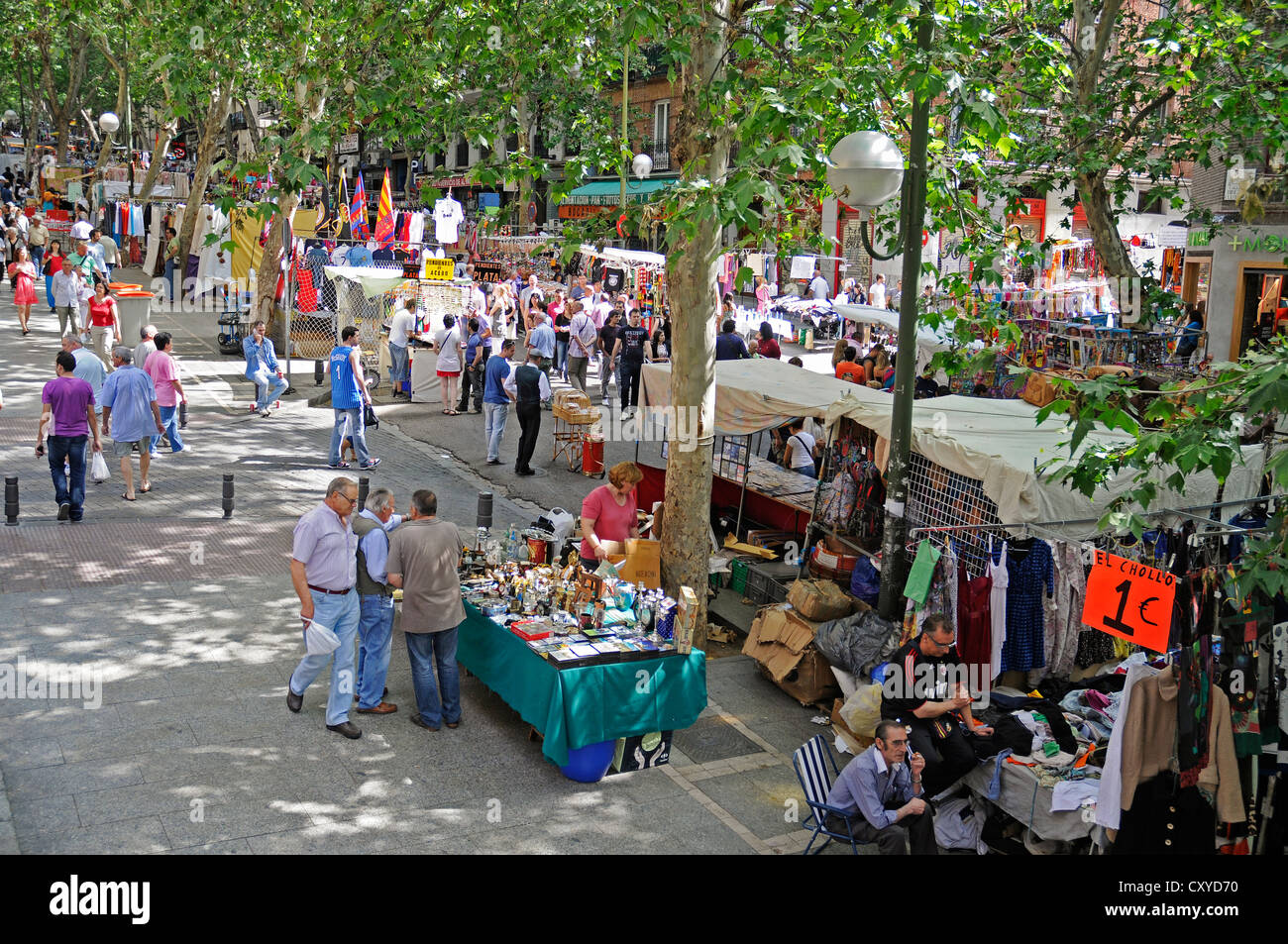 Market stalls, El Rastro, flea market, Madrid, Spain, Europe ...