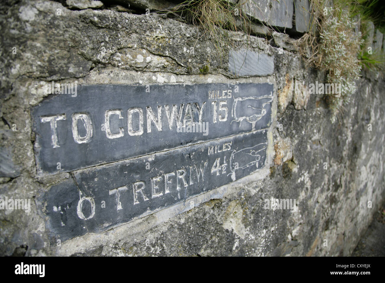 Stone direction signs to Conway and Trefriw, in Betws-y-Coed, Conwy ...