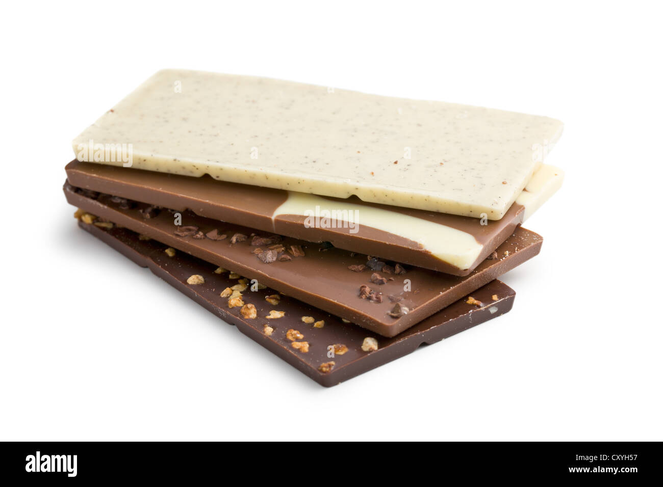 Stack of various chocolate bar on white background Stock Photo - Alamy