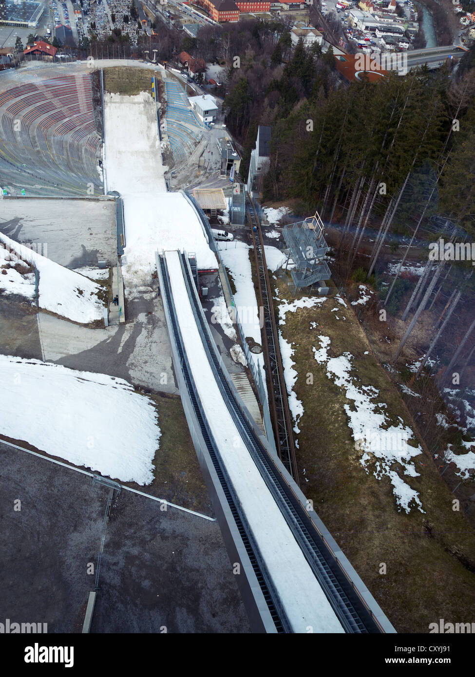 View over the snow-covered Bergisel ski jump, Innsbruck, Tyrol, Austria ...