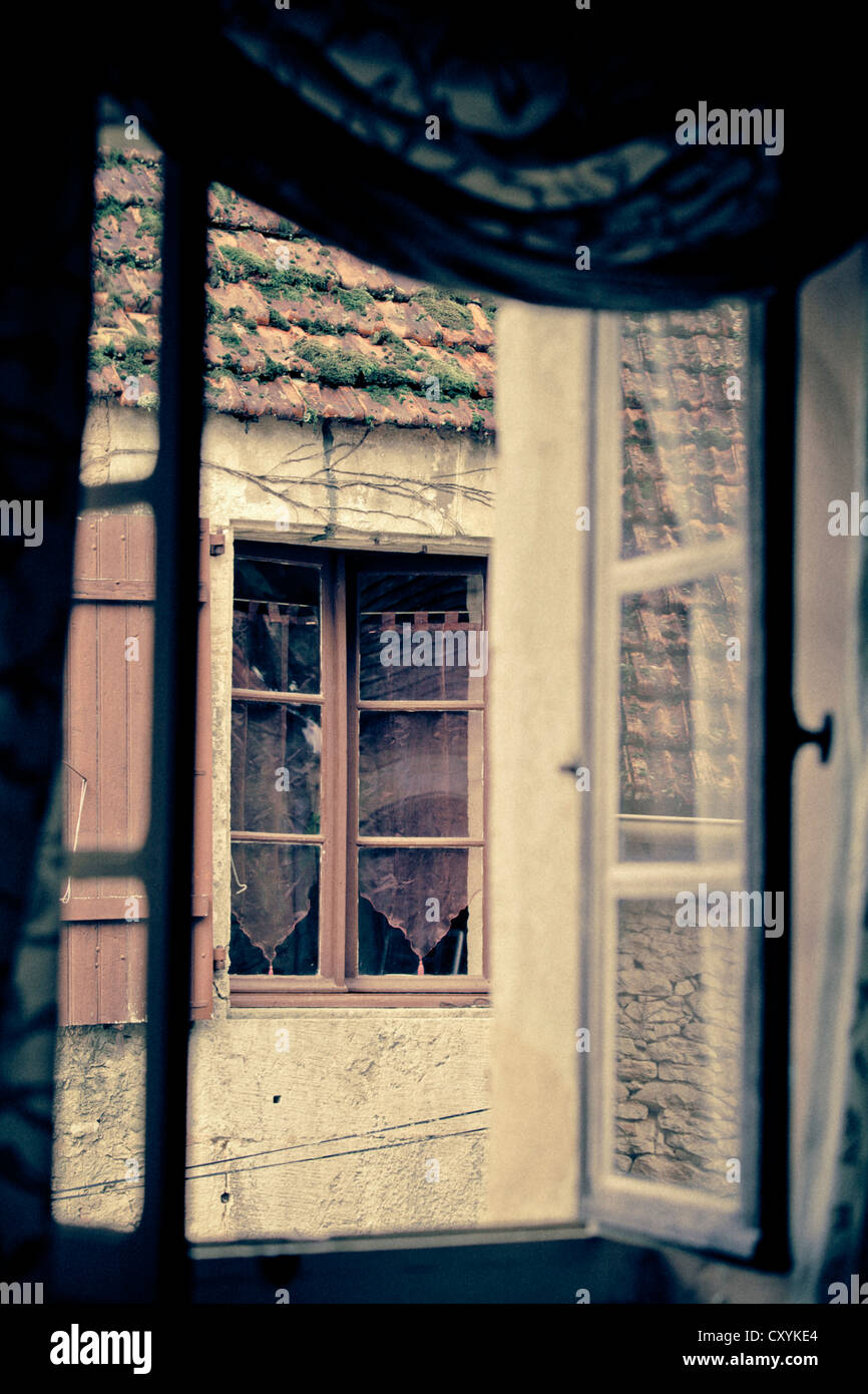 Look through open window, Meyrals, Dordogne, France, Europe Stock Photo ...