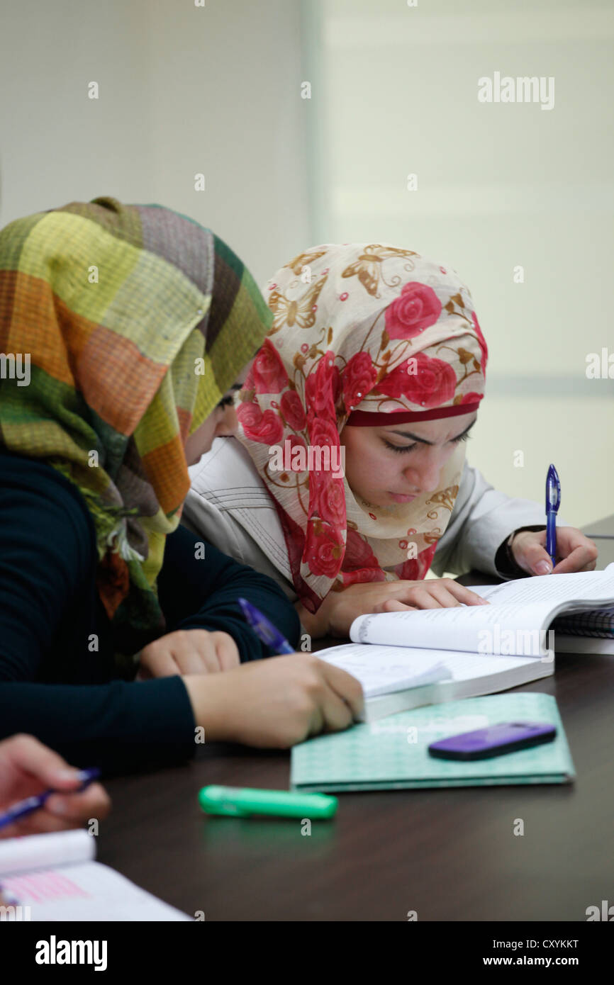 Palestinian students at lecture in Al Quds university in Abu Dis or Abu ...
