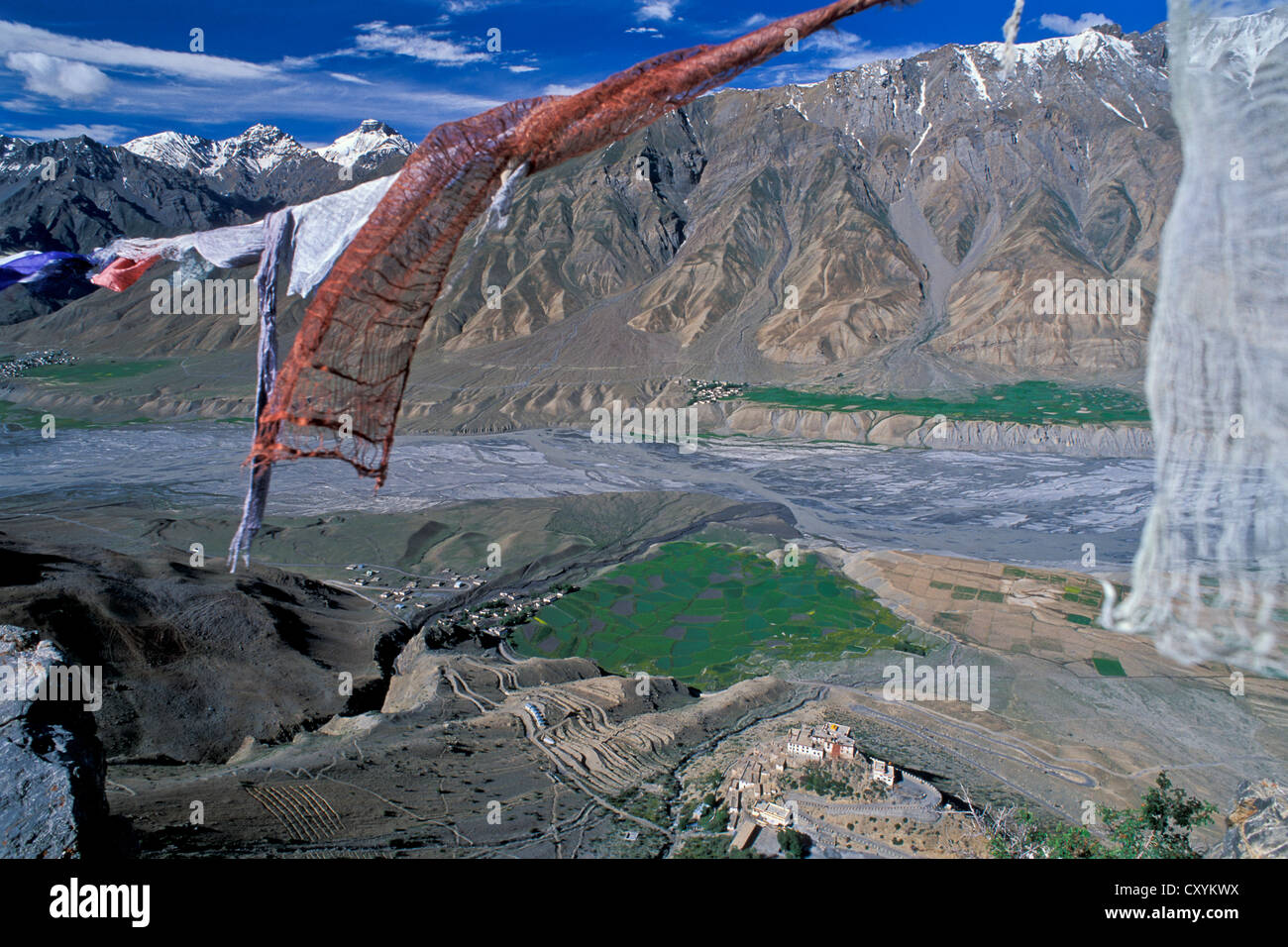 Prayer flags, view across the Spiti Valley, Buddhist Ki or Key ...
