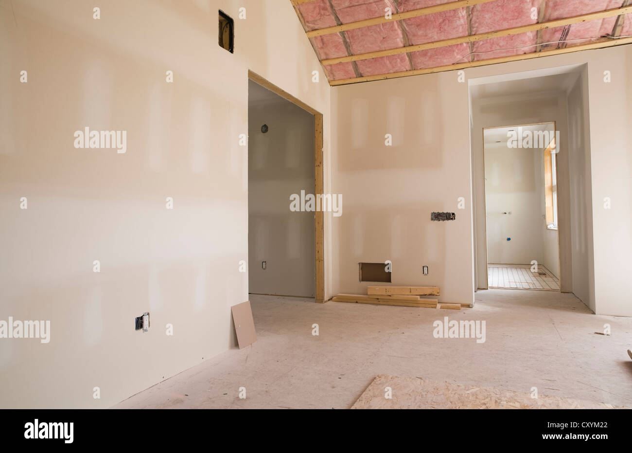 Unfinished room and bathroom in a residential home, Quebec, Canada ...
