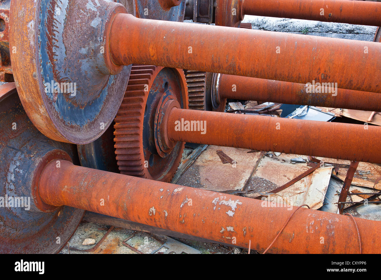 Old rusty iron wheel in a railway workshop in Rijeka, Croatia, Europe ...