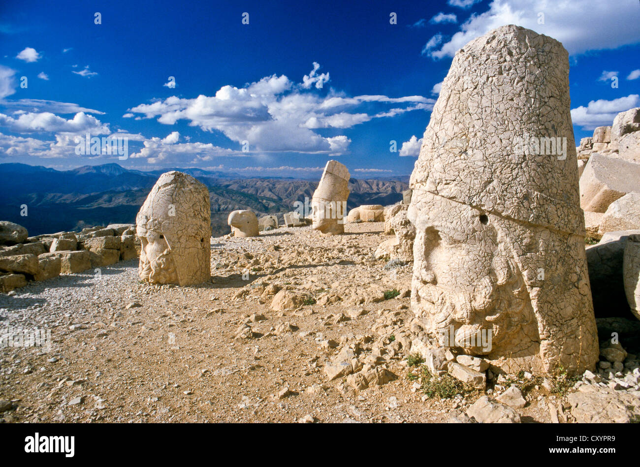 Nemrut Dagi, tomb-sanctuary of King Antiochus, flanked by huge statues ...