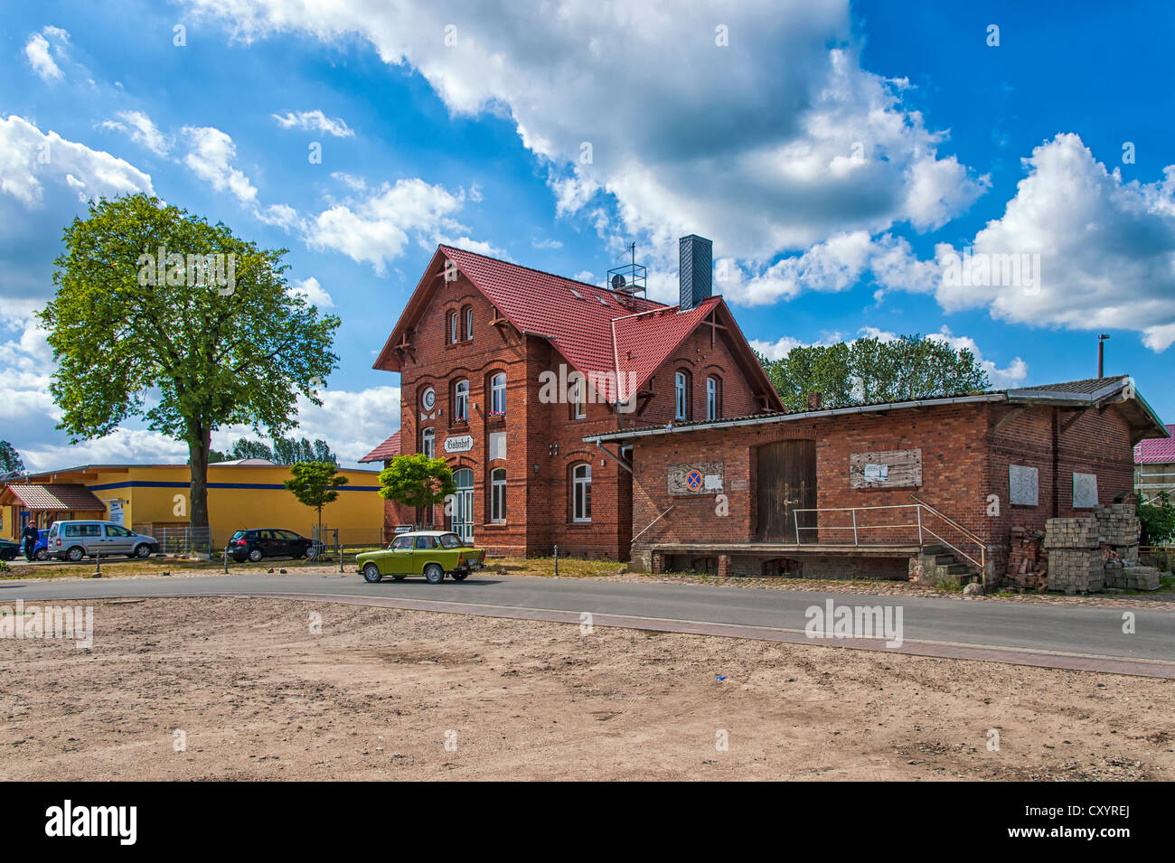 Rehna station and a green Trabant car, Rehna, Mecklenburg-Western ...