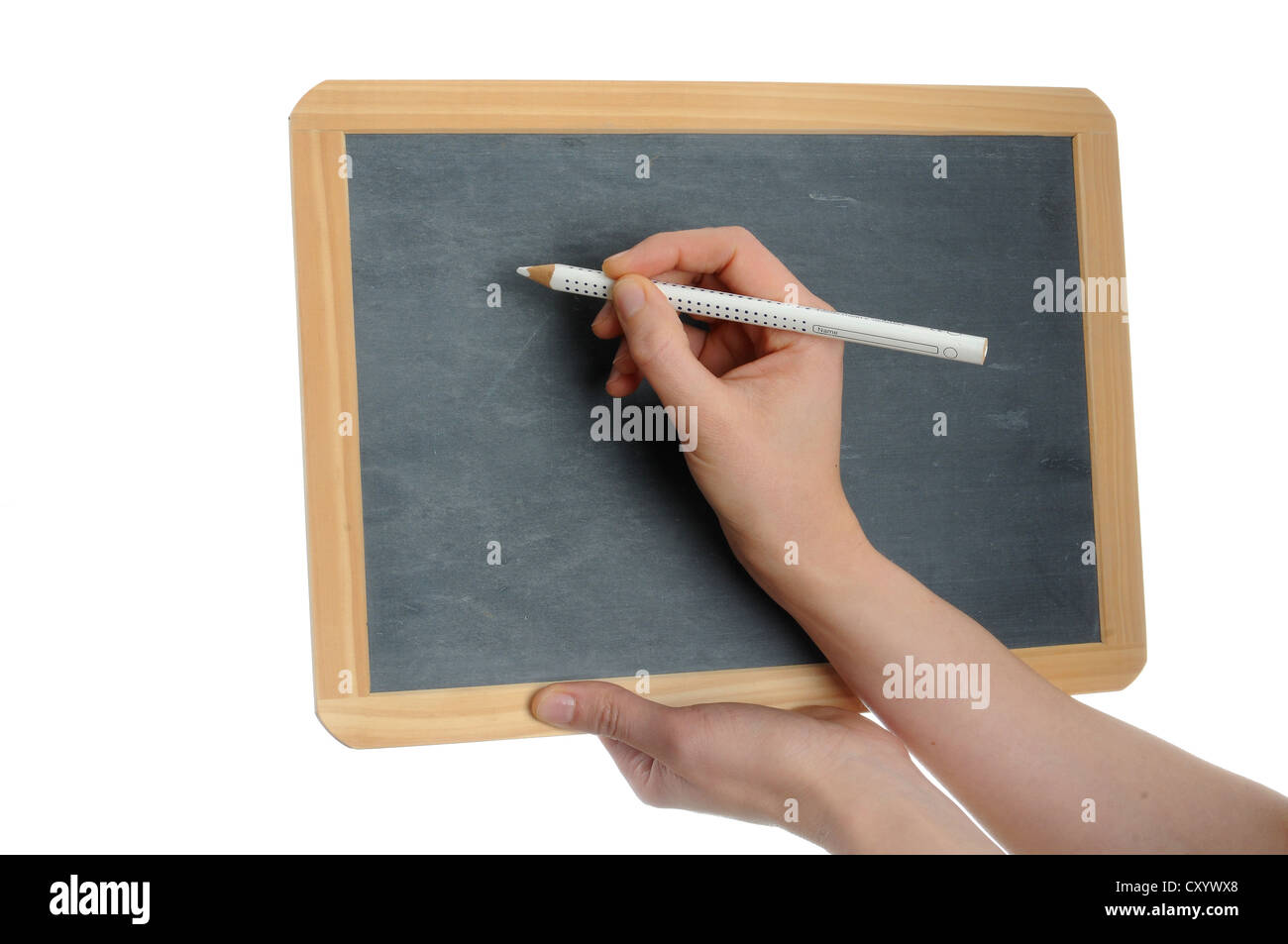 Woman's hand writing on a tablet, small blackboard Stock Photo - Alamy