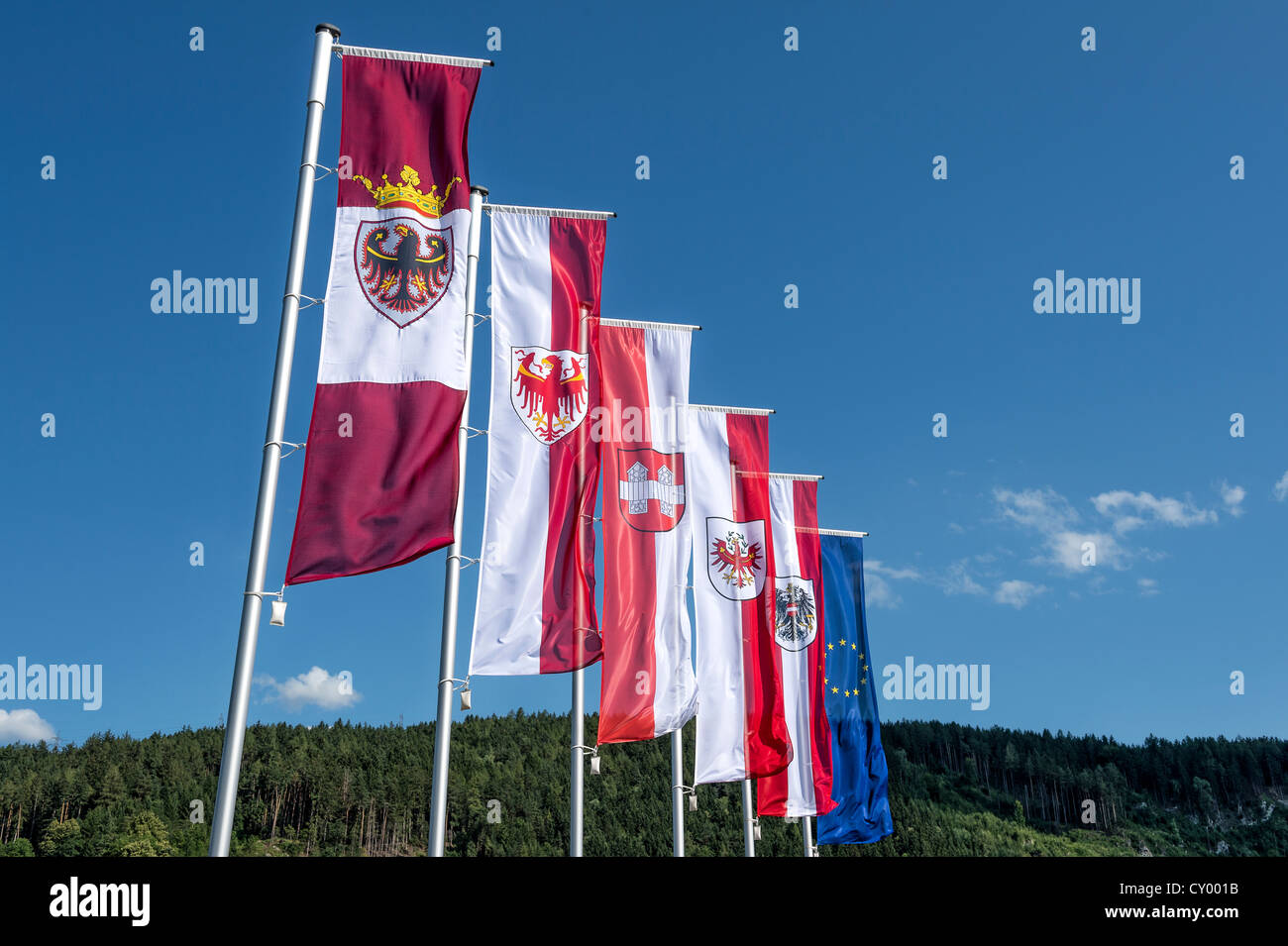 Flags on the forecourt of the "Tirol Panorama" Museum at Bergisel ...