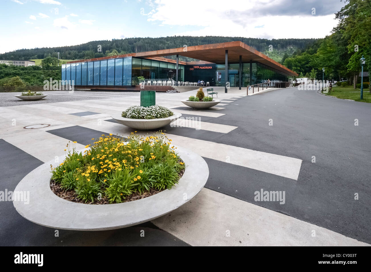 Forecourt and glass facade of the "Tirol Panorama" Museum, at Bergisel ...