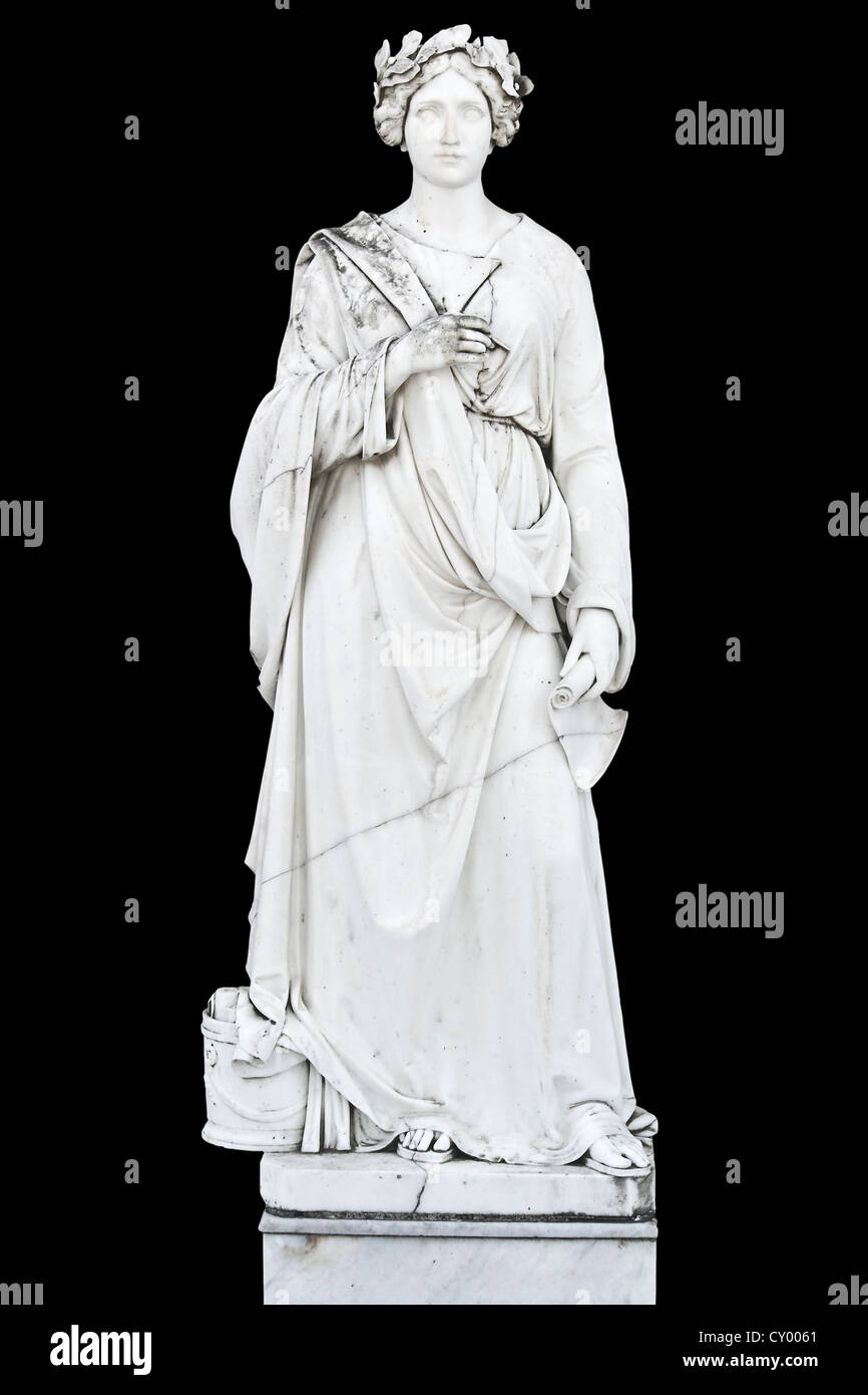 Statue on black background showing a greek mythical muse. Achilleion ...