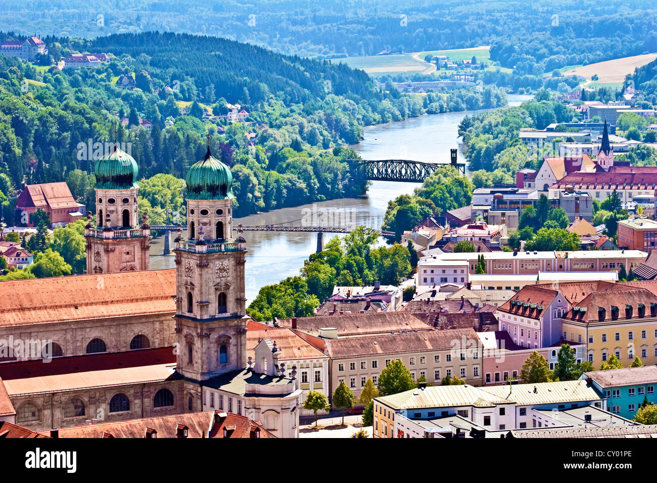 Passau, Bavaria, Germany, aerial view of Old Town and the Cathedral of ...
