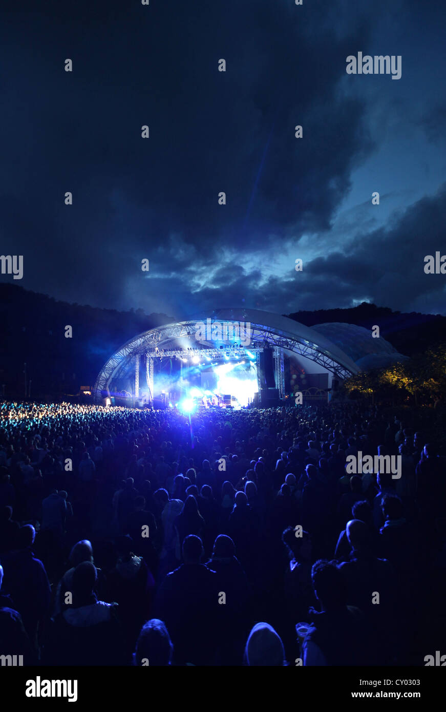 The Eden Sessions stage lit up at night at the Eden Project in Cornwall ...