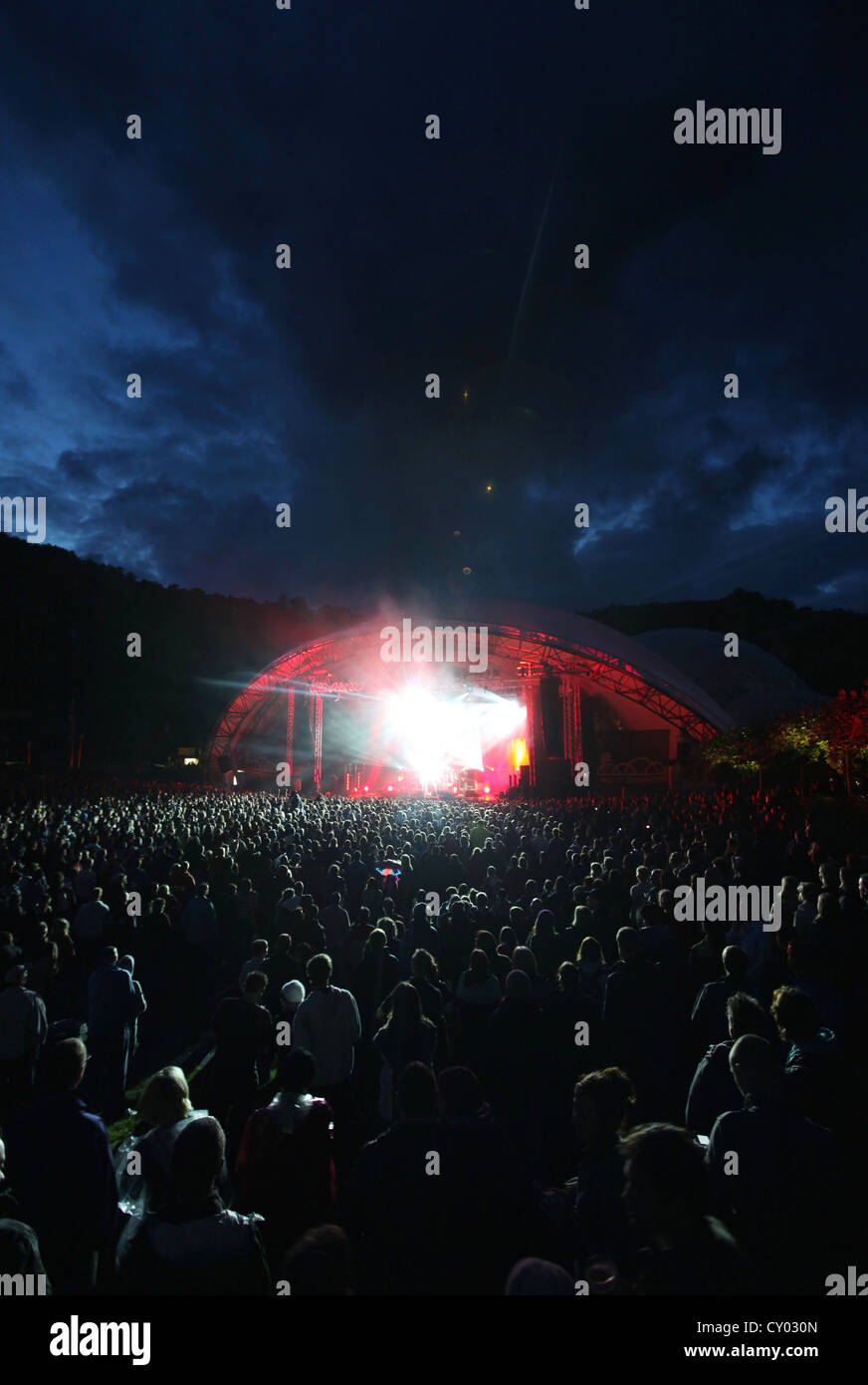 The Eden Sessions stage lit up at night at the Eden Project in Cornwall ...