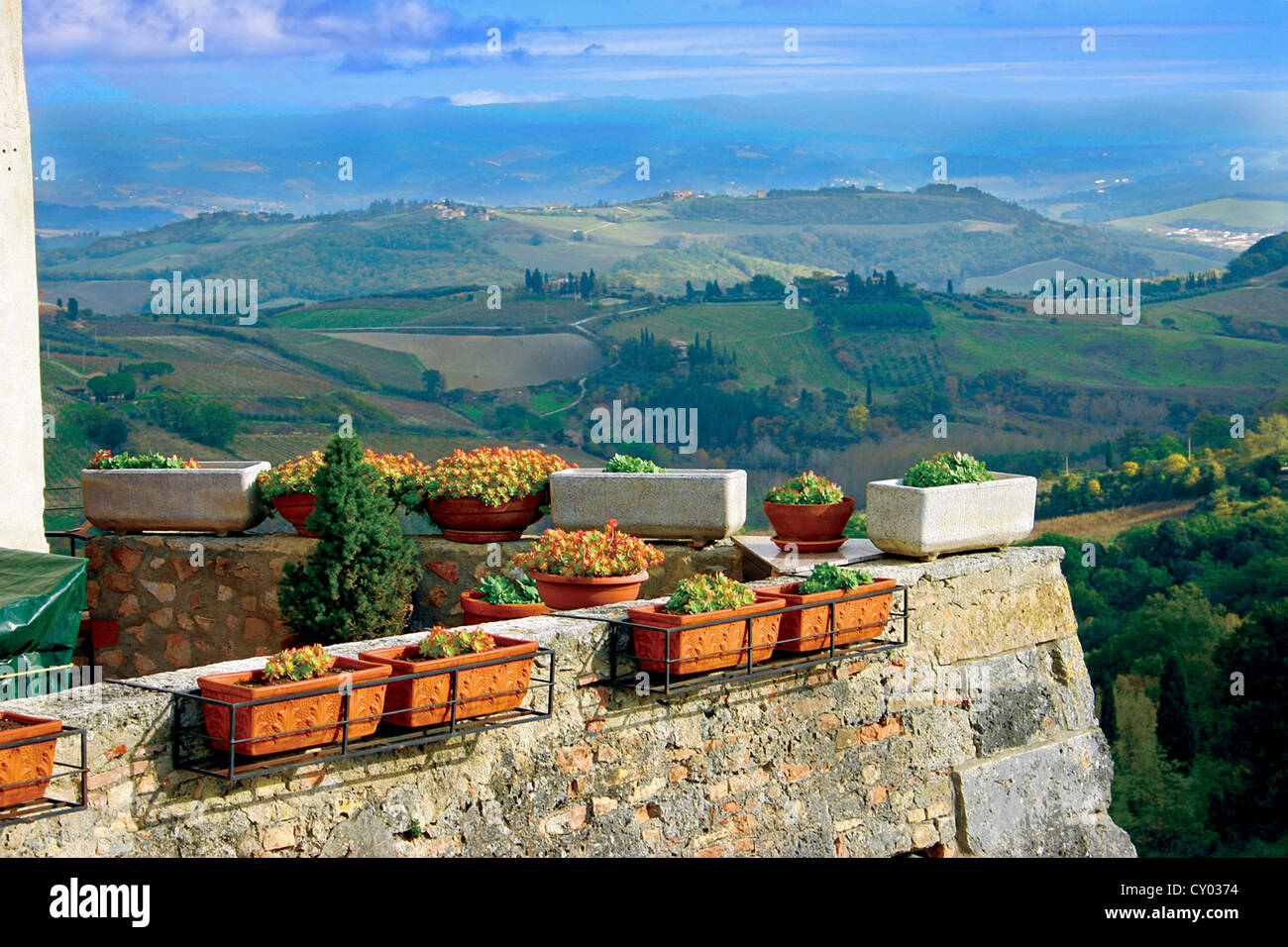 Distant view of the Tuscan landscape from a balcony of a villa outside ...