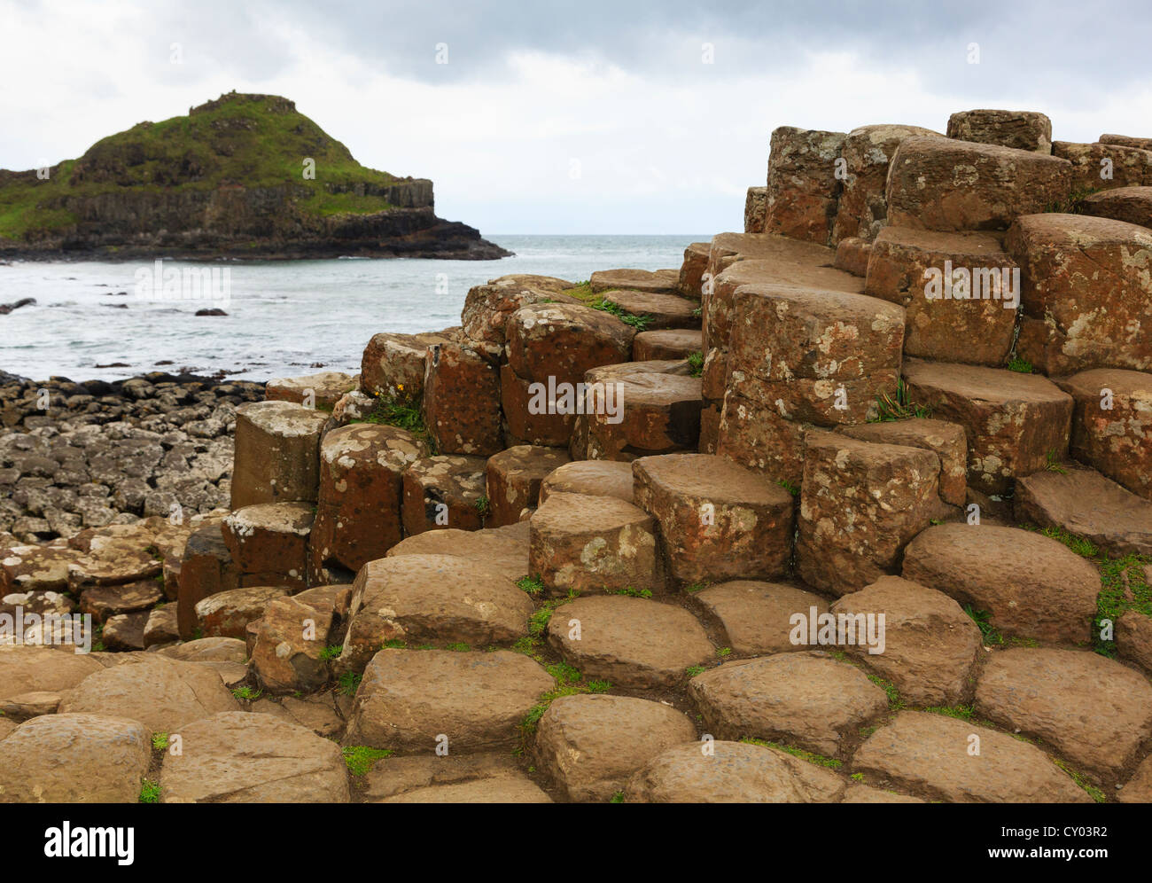 Polygonal basalt lava rock columns of the Giant's Causeway on the north ...