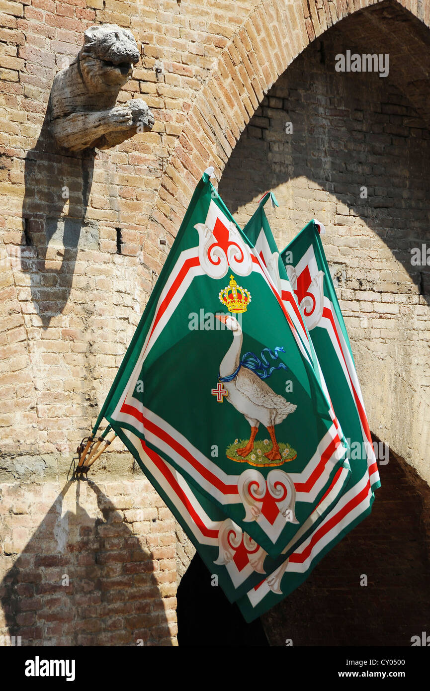 Wall decorated with flags, Contrada district, Siena, Tuscany, Italy ...