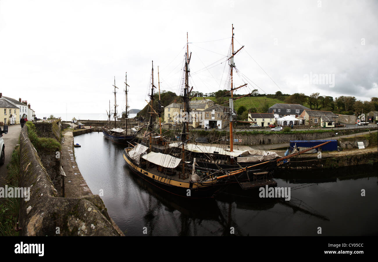 Tall ships in harbour, harbor at Charlestown, Cornwall small village ...