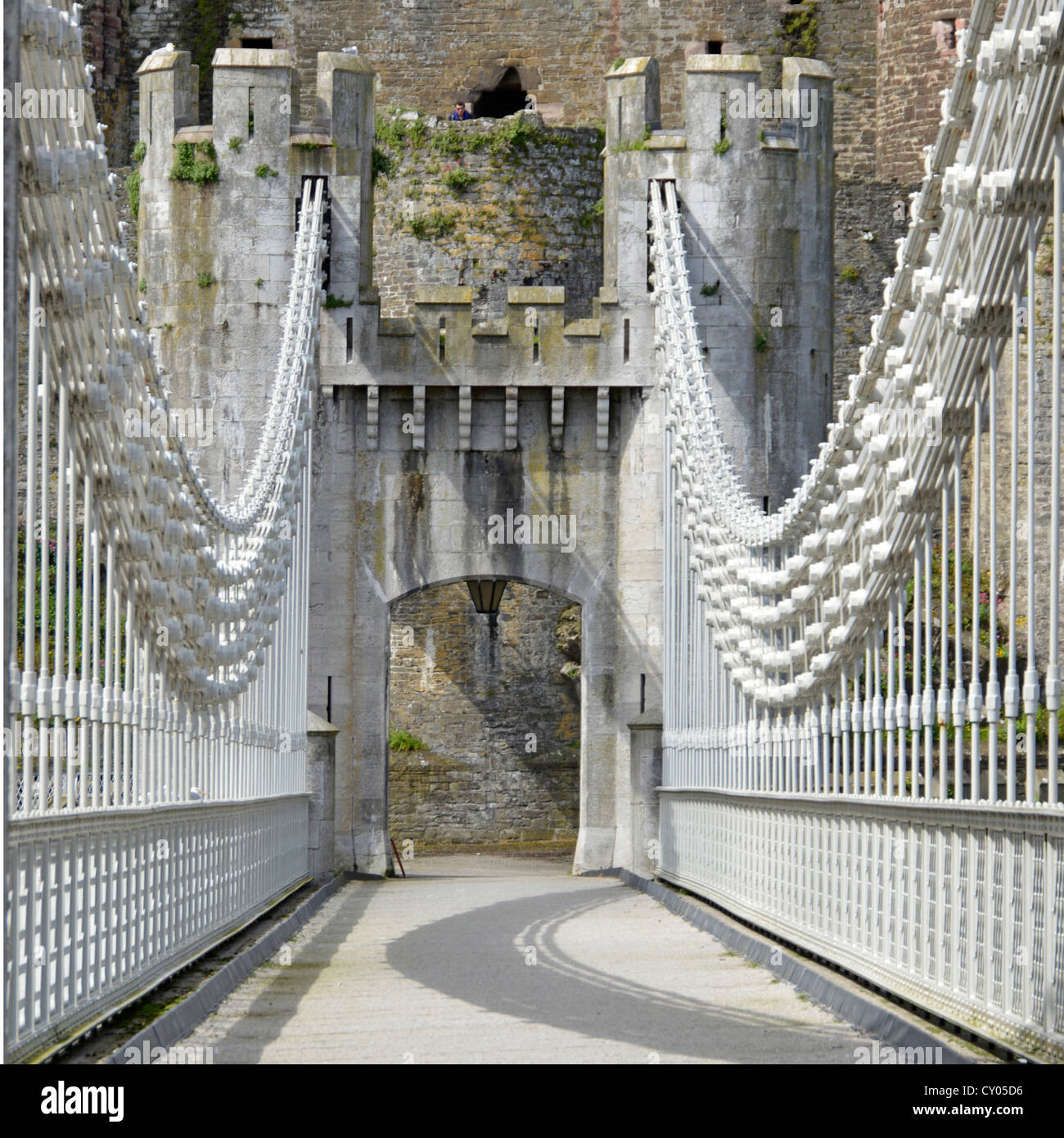 Thomas Telford original Conwy road suspension bridge above the River ...