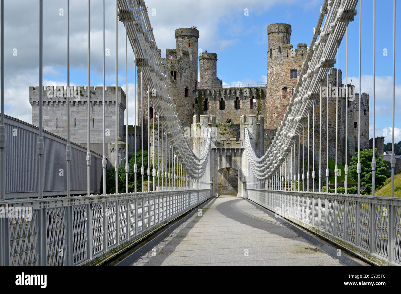 Thomas Telford original Conwy road suspension bridge above the River ...