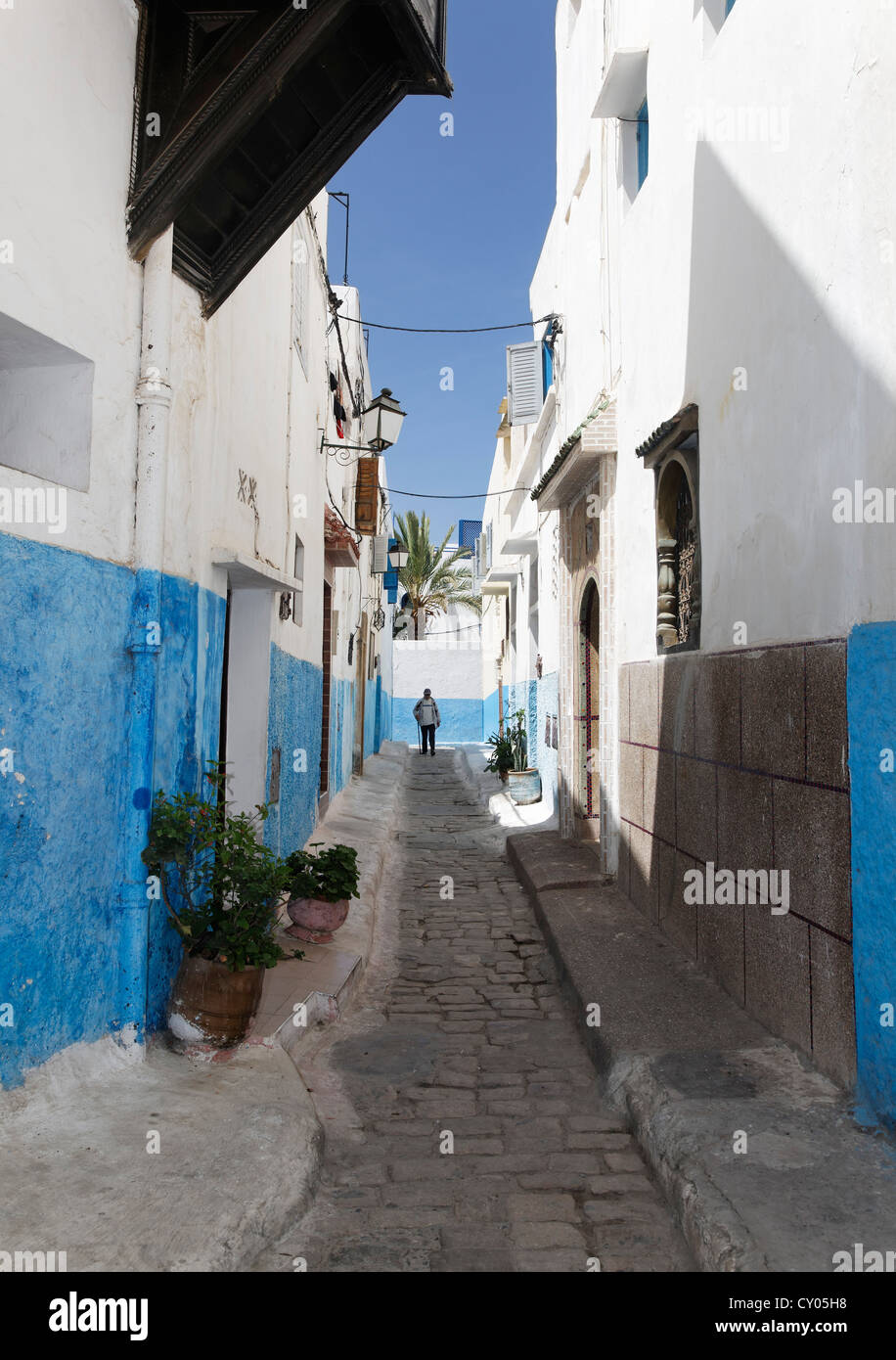 Narrow alleyway and blue-washed houses in the old town of Rabat, Rabat ...