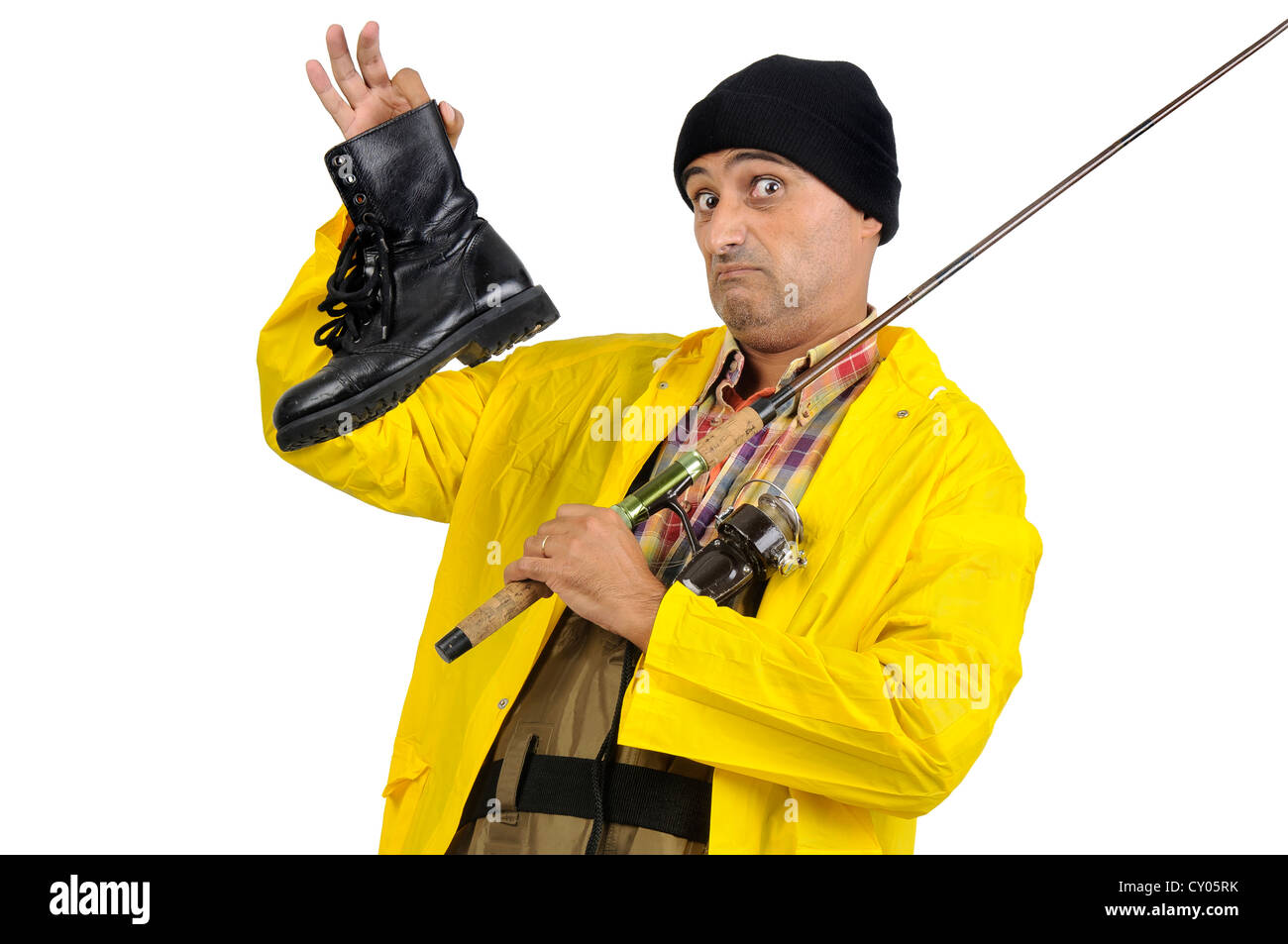 Fisherman with fishing rod and old boot isolated in white Stock Photo ...