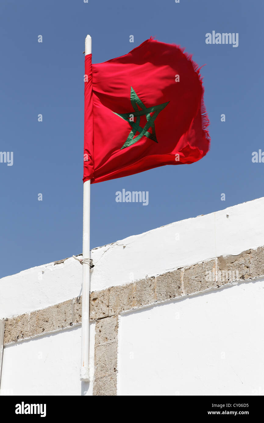 National flag of Morocco at the port of Essaouira, region of Marrakech ...
