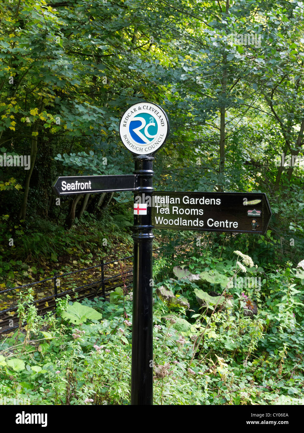 A sign post pointing to the attractions in Saltburn Valley Gardens ...
