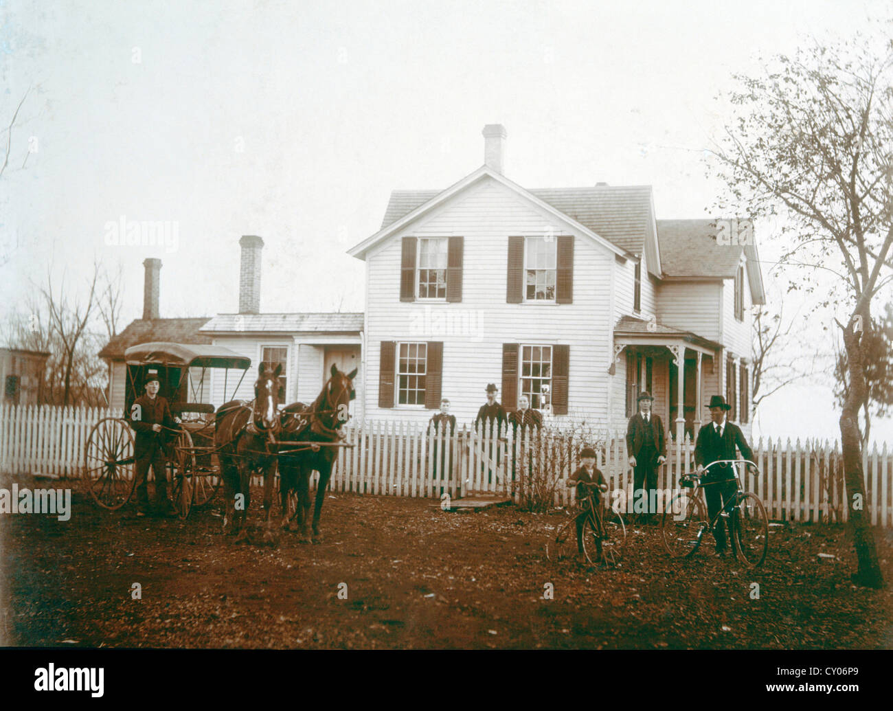 American Home with Horse-Drawn Carriage, Boy with Tricycle and Man with ...