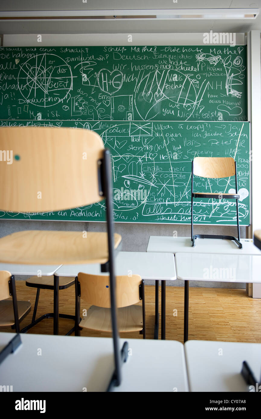 Classroom of a grammar school with chairs and a blackboard covered with ...