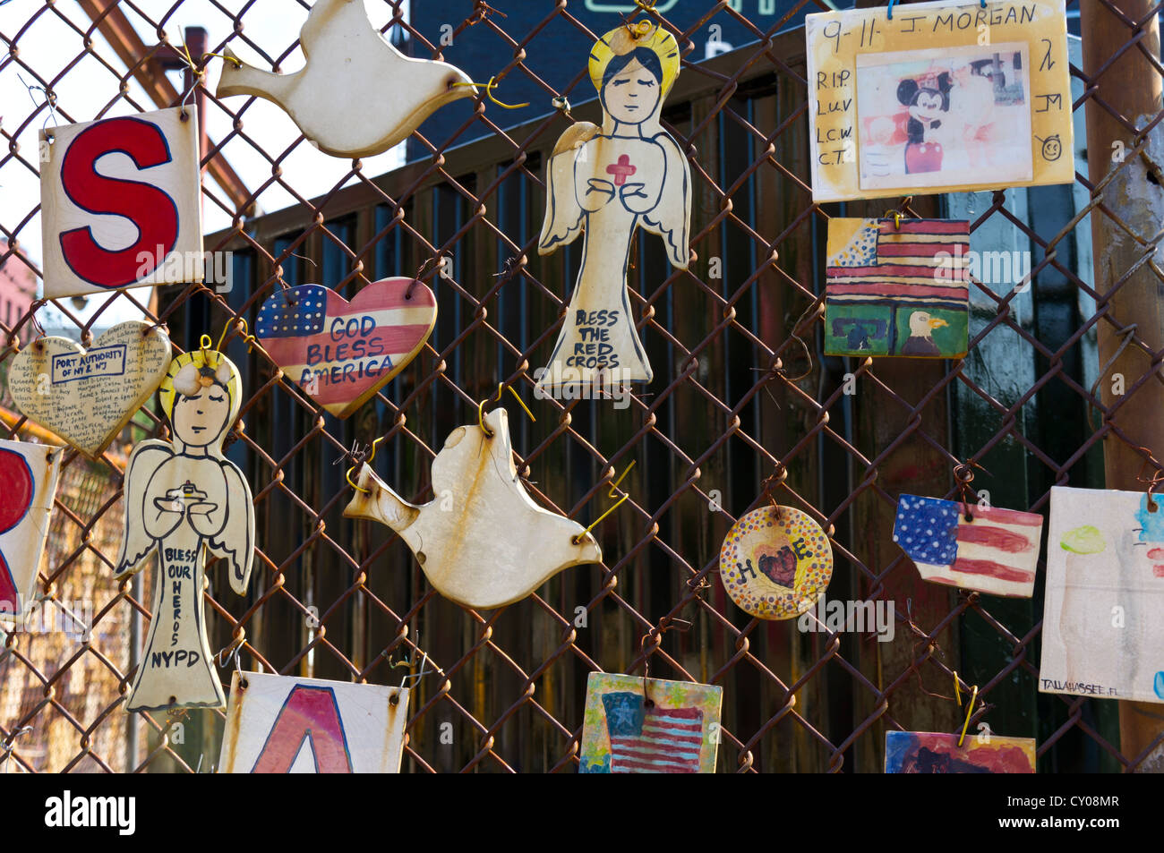 A selection of momentos on a chain link fence in Greenwich Village, New ...