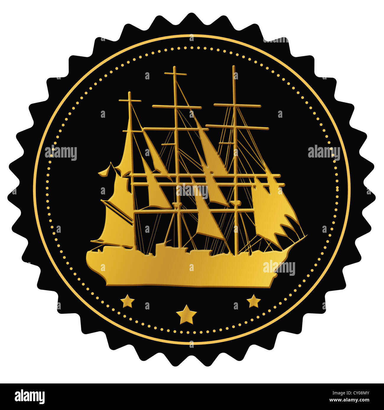 Label with gold sailing ship on white background, vector illustration ...