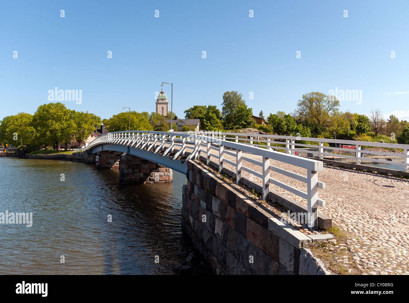 Wooden bridge and the Suomenlinna Church at the Suomenlinna maritime ...