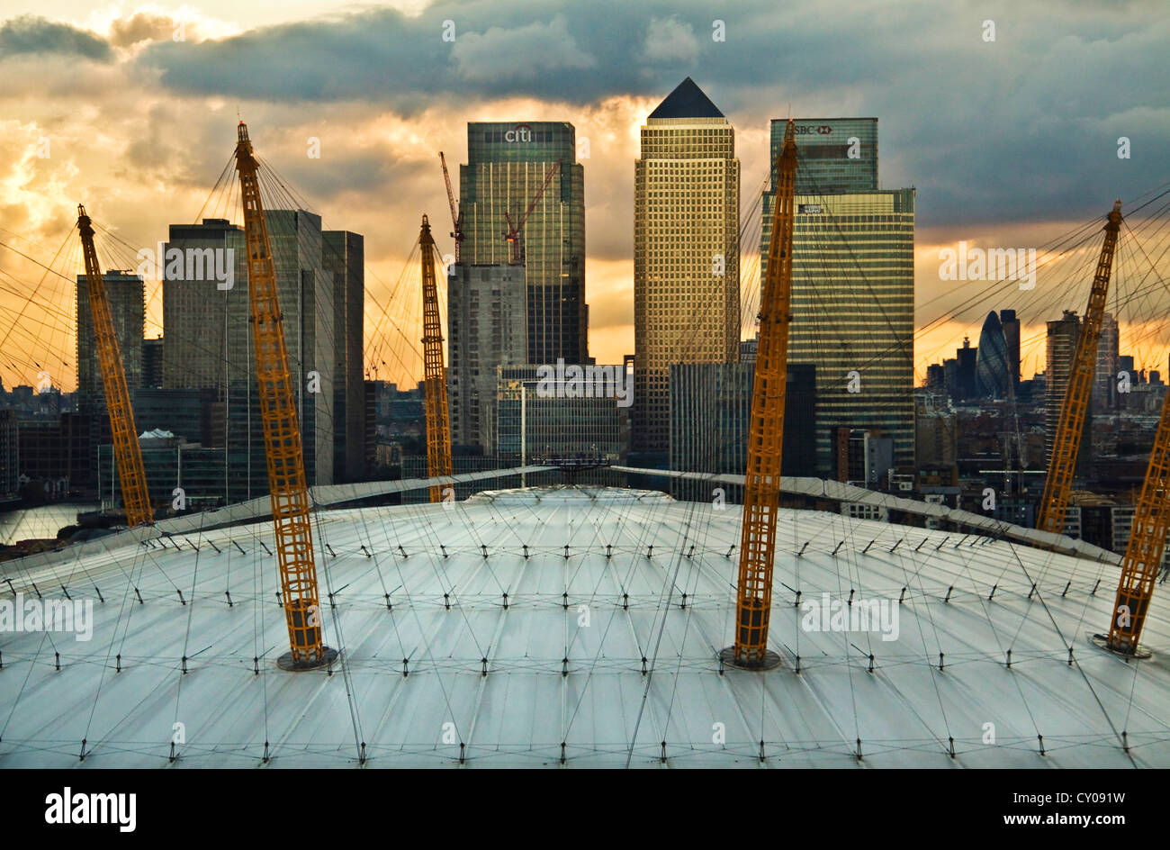 Roof of O2 Arena with the buildings in Canary Wharf on the background ...