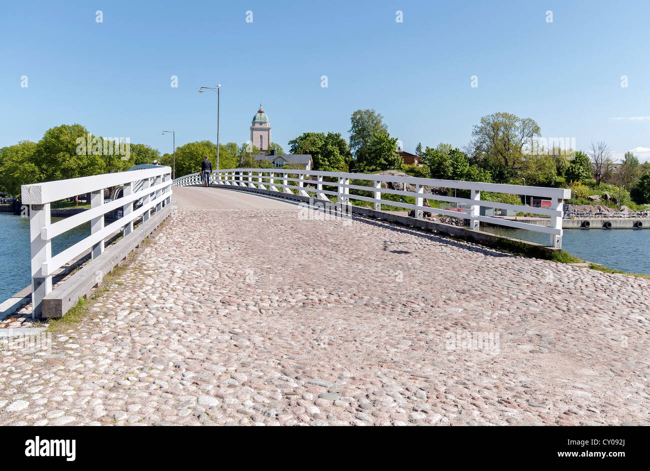 Wooden bridge and the Suomenlinna Church at the Suomenlinna maritime ...