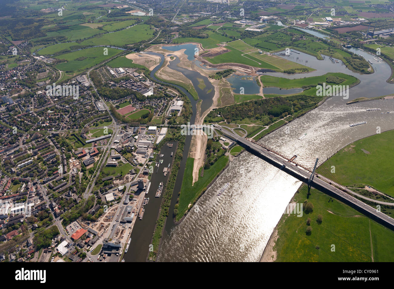 Aerial view, Lippe river, reconstruction of the mouth of the Lippe ...