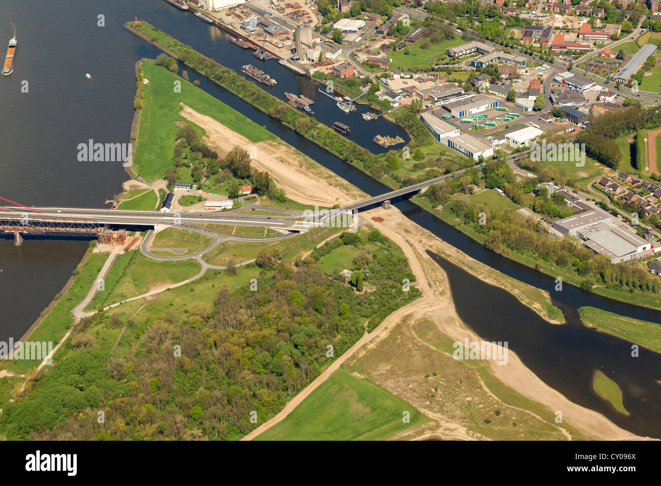Aerial view, Lippe river, reconstruction of the mouth of the Lippe ...
