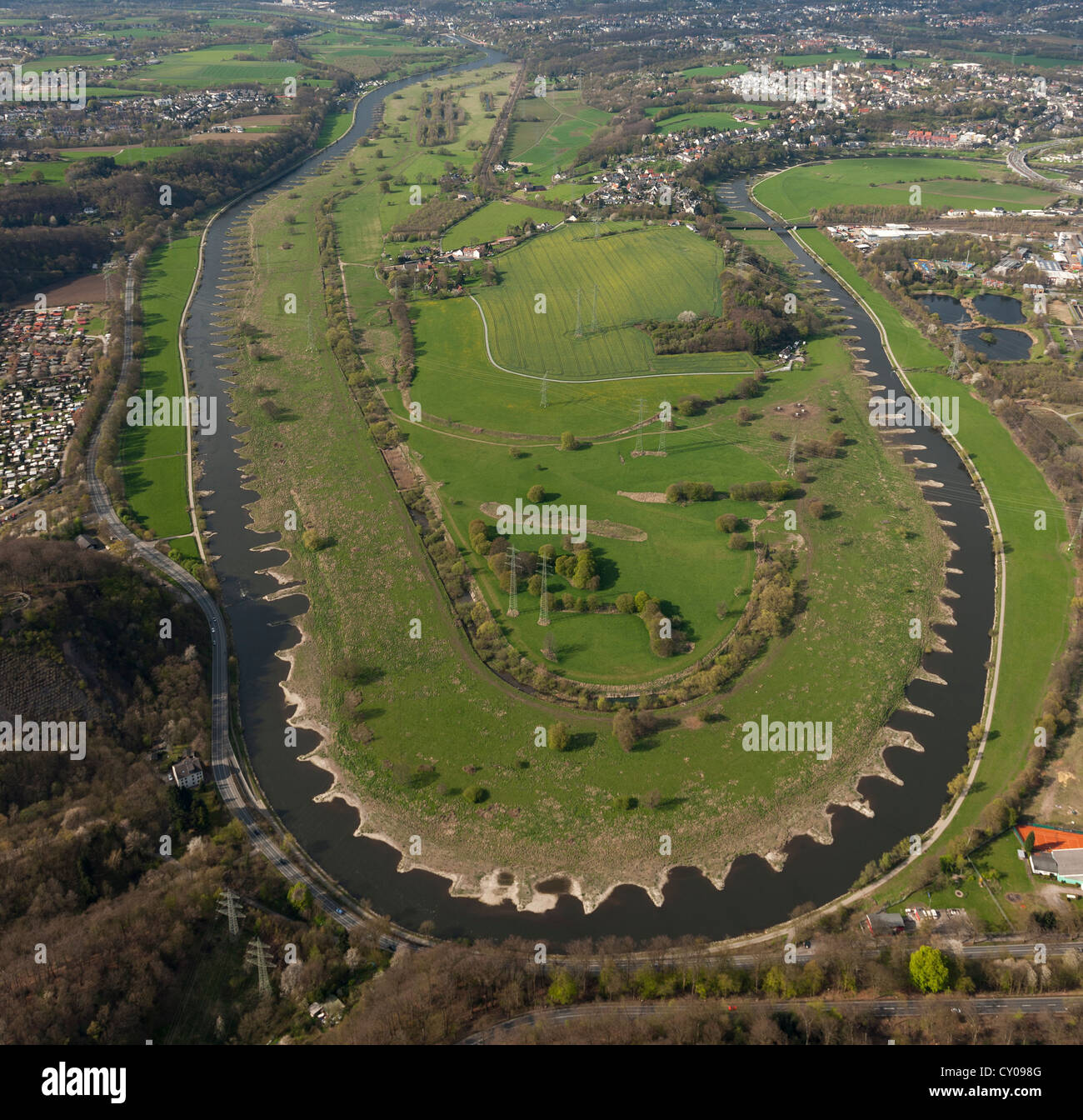 Aerial view, loop of the Ruhr river, groynes, Ruhraue nature reserve ... Aerial view, loop of the Ruhr river, groynes, Ruhraue nature reserve ...
