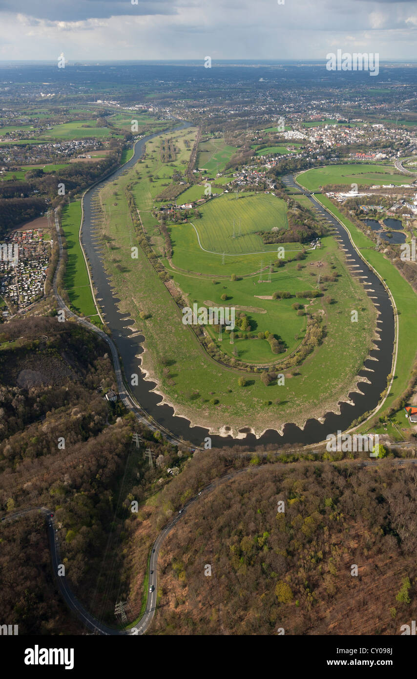 Aerial view, loop of the Ruhr river, groynes, Ruhraue nature reserve ... Aerial view, loop of the Ruhr river, groynes, Ruhraue nature reserve ...