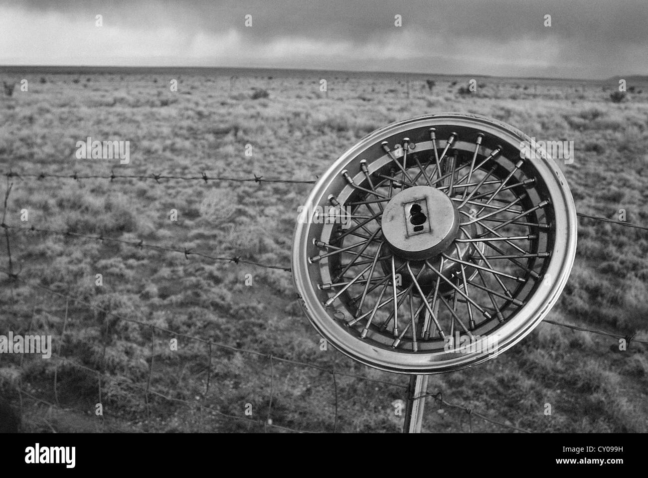 a hubcap on a barbed wire fence with the southwest desert landscape ...