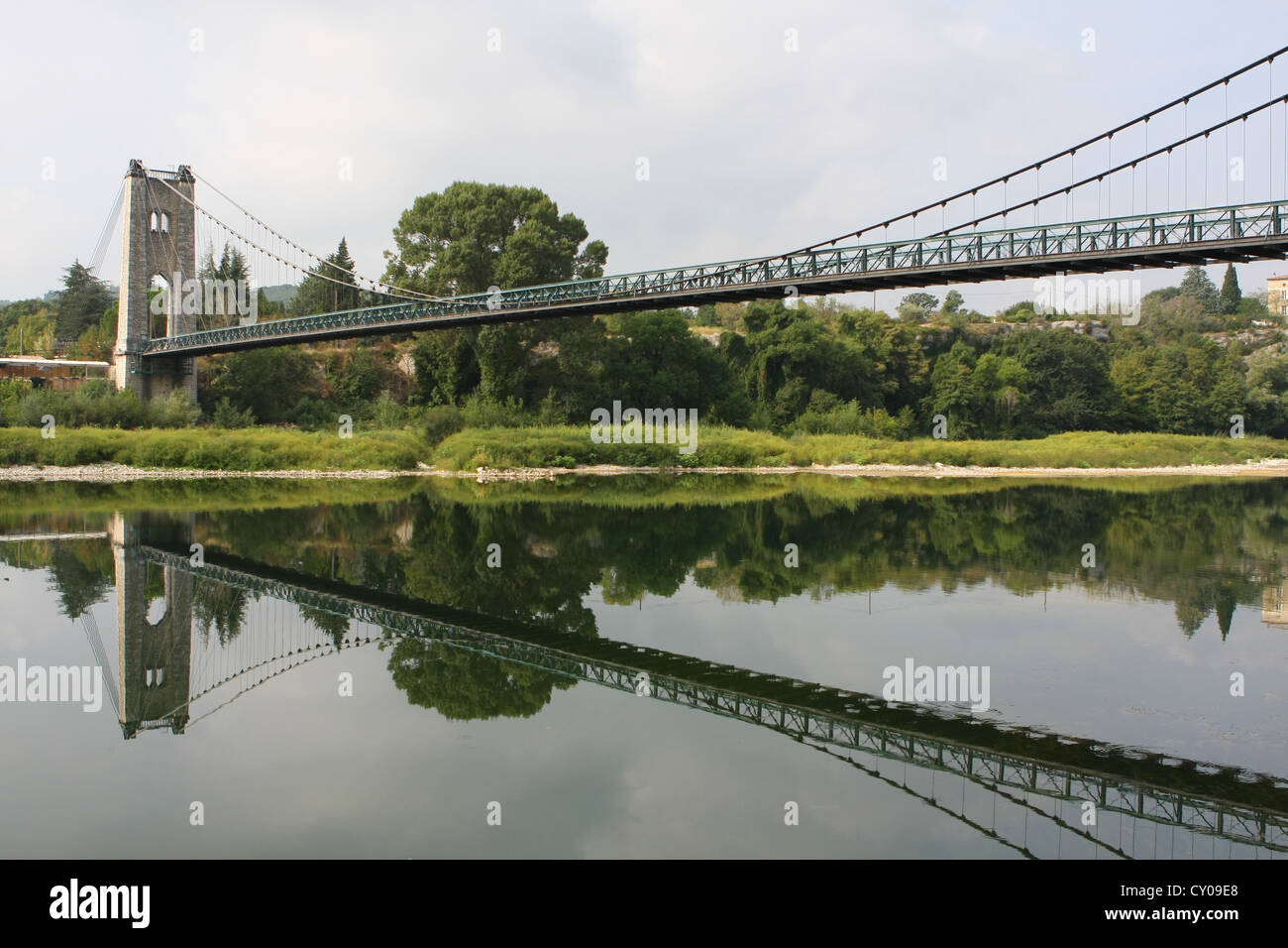 Suspension bridge over the Ardeche river at St Martin d'Ardeche Stock ...