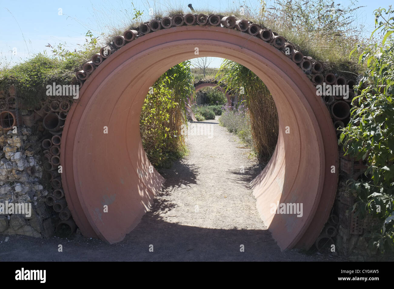 Modern garden with terracotta arch at Butterfly World, St Albans ...