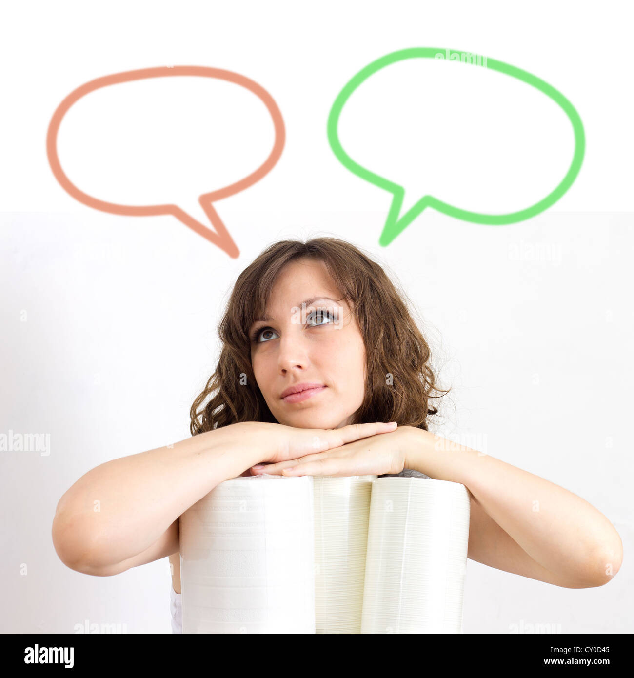 Young woman trying to make a decision over white background Stock Photo ...