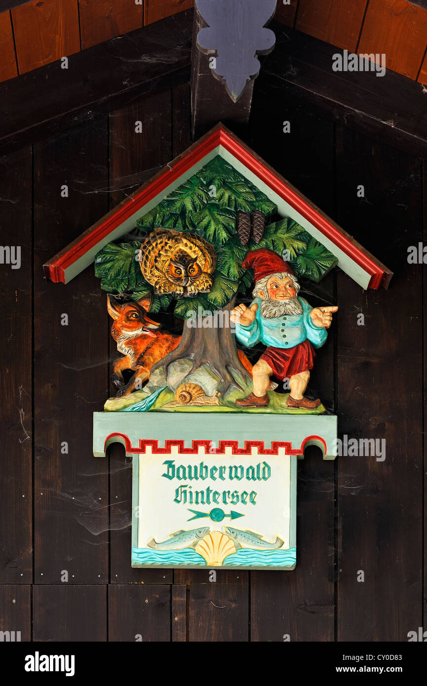 Zauberwald haunted forest, sign with figures on a hut, Ramsauer ...