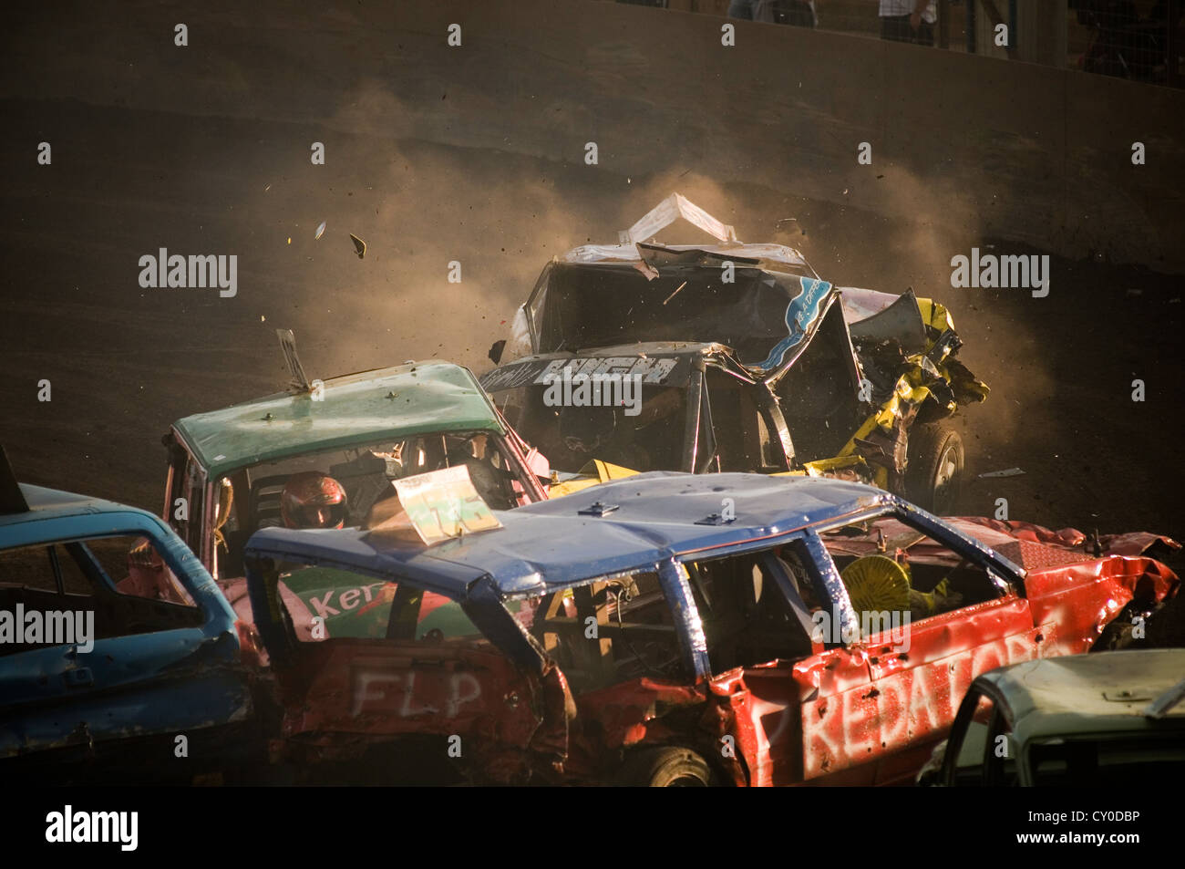 cars pile into each other at a banger race Stock Photo - Alamy