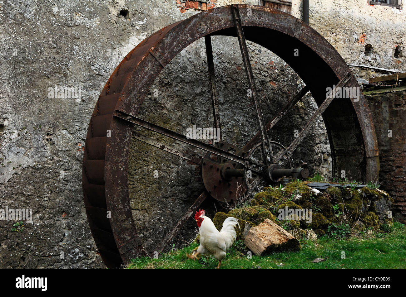 Rusty old mill wheel of Hackermuehle or Obermuehle, mill, 1547, white ...