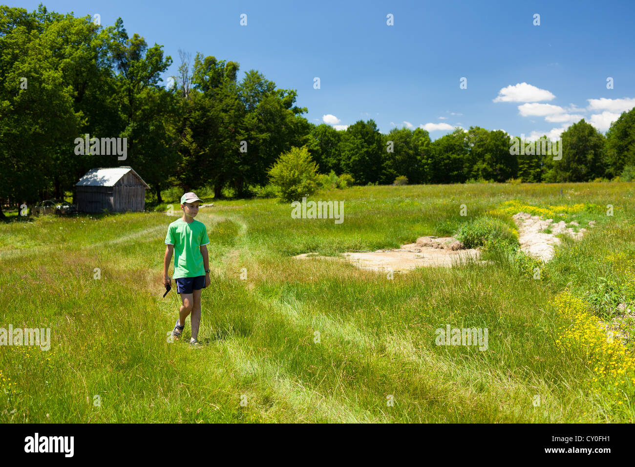 Full length portrait of a boy walking in a meadow Stock Photo - Alamy